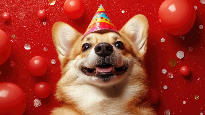 Happy Corgi in Party Hat Surrounded by Red Balloons and Confetti Stock ...