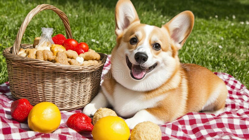 Happy Corgi Picnic Park Treats Summer Stock Image - Image of friend, love: 366148247