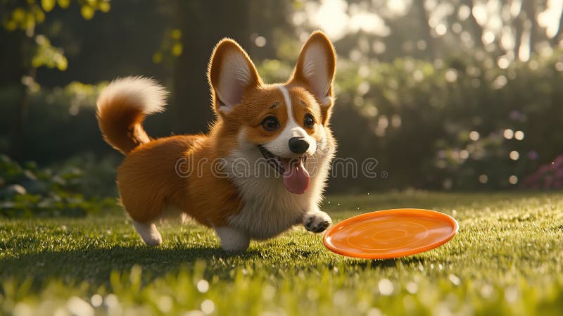 Happy Corgi Playing Frisbee in Sunny Garden Stock Illustration ...