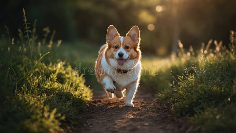 A Happy Corgi Running Along a Sunlit Path in a Grassy Area Stock ...