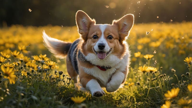Happy Corgi Running through Yellow Flowers at Sunset Stock Illustration ...