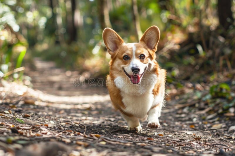 Happy Corgi Running on Forest Path with Sunlight Filtering through ...
