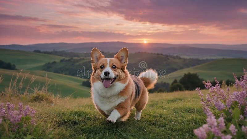 Happy Welsh Corgi Running in Sunset Meadow Stock Illustration ...