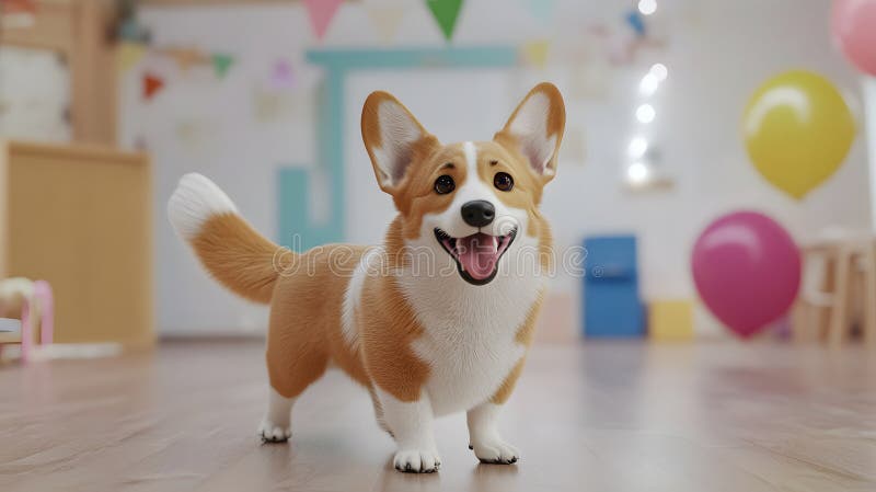 Happy Corgi Standing in Colorful Room with Balloons and Decorations ...