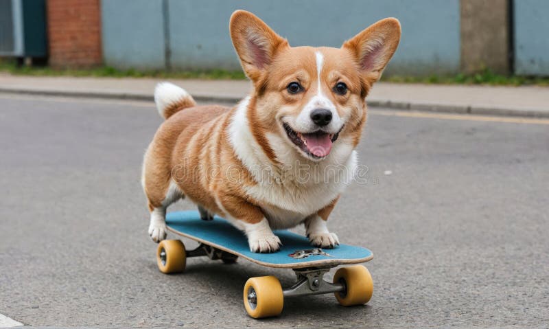 A Happy Corgi Stands on a Skateboard in the Middle of a Street Stock ...