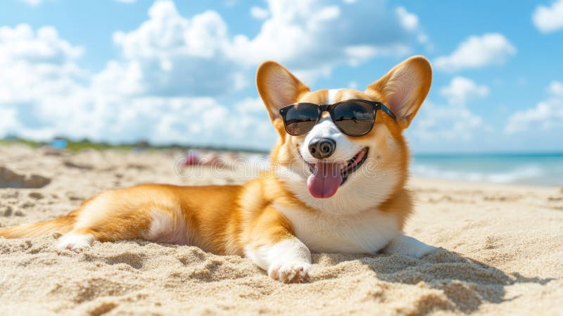 Happy Corgi with Sunglasses Relaxing on a Sunny Beach Stock Image ...