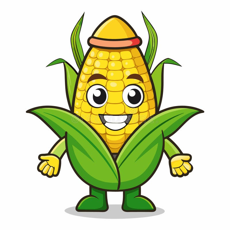 Happy Corn Cob Cartoon Character with Leaves and Hat Stock Vector ...