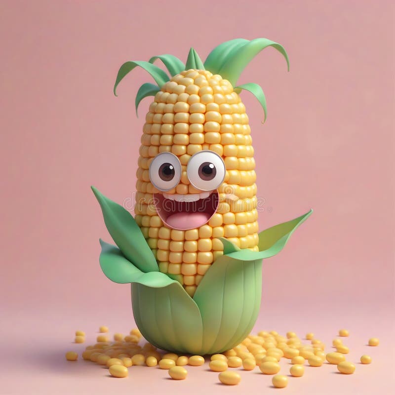 Happy Corn Cob Cartoon with Kernels on Pink Background Stock ...