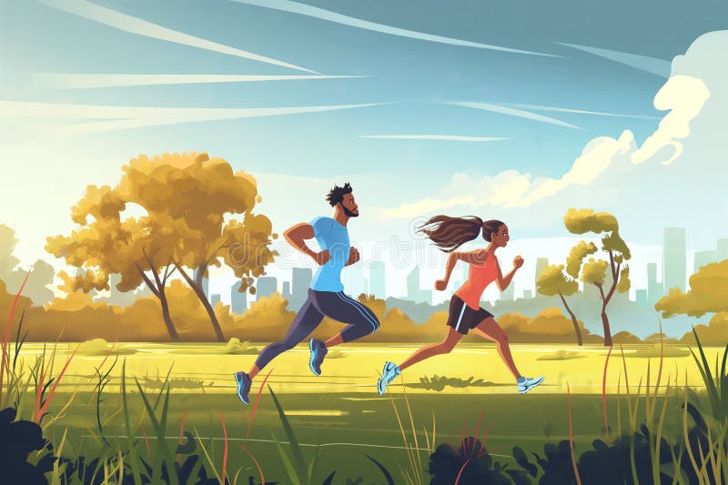 Happy Couple of Athletes Running in Park, Couple Running Stock ...