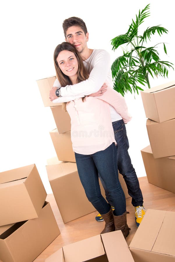 Happy couple with boxes stock image. Image of home, love - 38396973