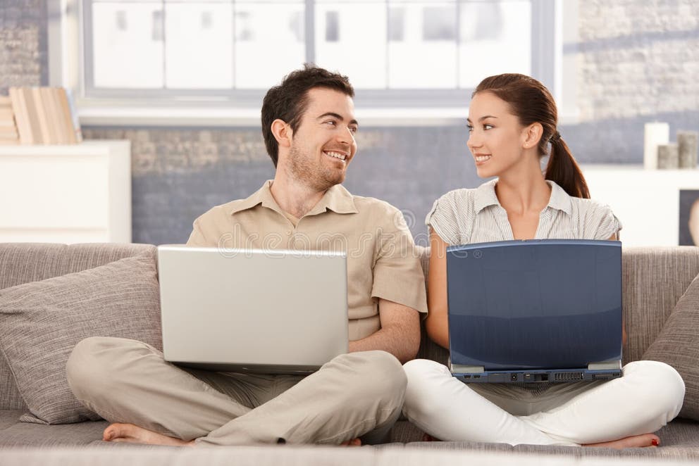 Happy Couple Browsing Internet Having Fun Smiling Stock Image - Image ...