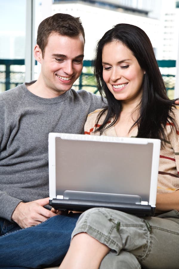 Couple Using Computer at Home Stock Photo - Image of adult, furniture ...