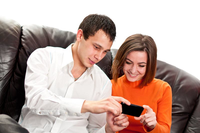 Happy Couple with Cellular Phone Stock Image - Image of beautiful, hand ...