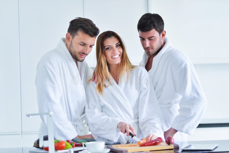 Happy Couple Cooking Breakfast Together in the Kitchen Stock Photo ...