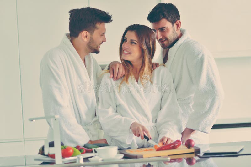 Happy Couple Cooking Breakfast Together in the Kitchen Stock Photo ...