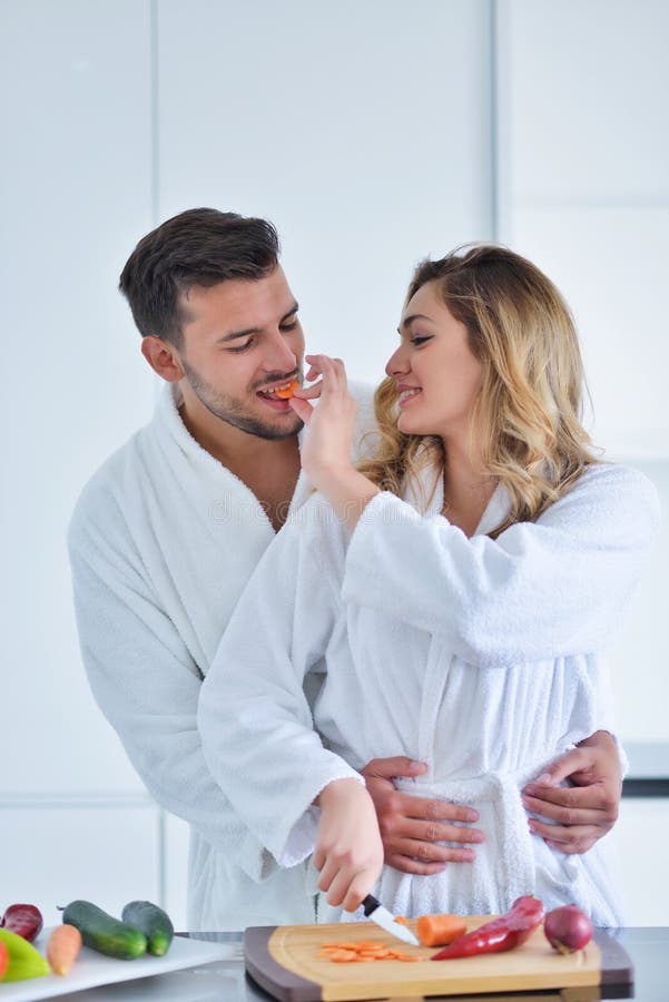 Happy Couple Cooking Breakfast Together in the Kitchen Stock Image ...