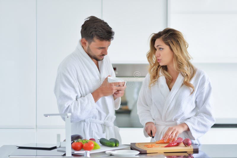 Happy Couple Cooking Breakfast Together in the Kitchen Stock Image ...