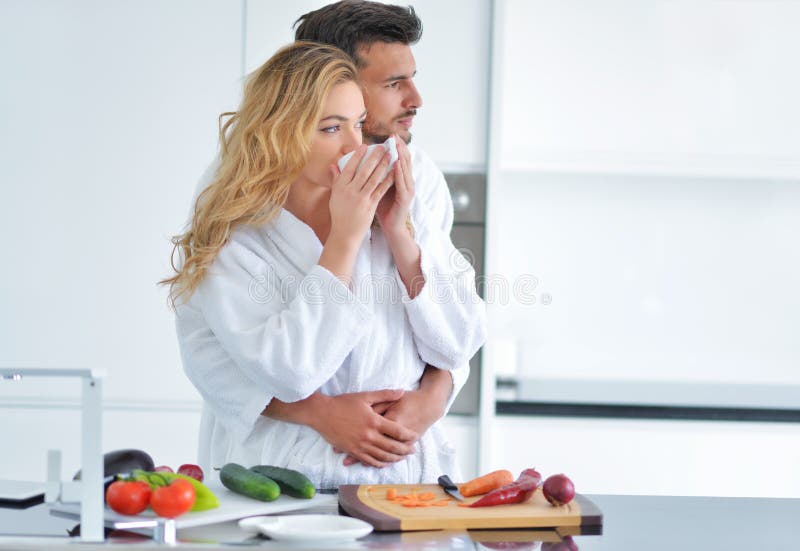 Happy Couple Cooking Breakfast Together in the Kitchen Stock Image ...