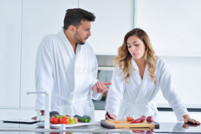Happy Couple Cooking Breakfast Together in the Kitchen Stock Image ...