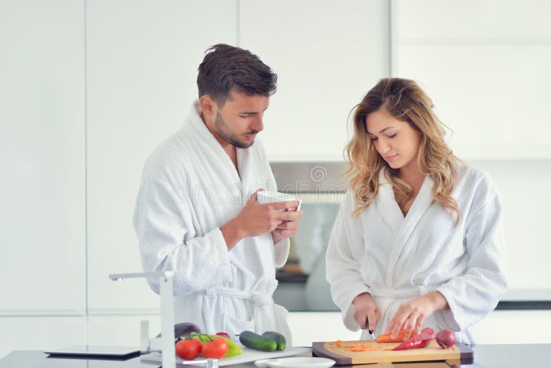 Happy Couple Cooking Breakfast Together in the Kitchen Stock Image ...