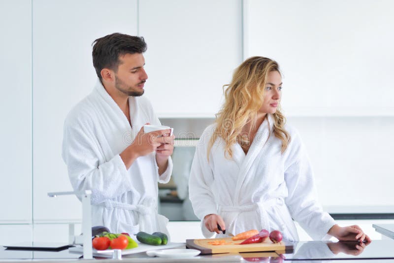 Happy Couple Cooking Breakfast Together in the Kitchen Stock Photo ...