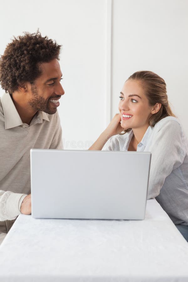 Happy Couple on a Date Using Laptop Stock Image - Image of smiling ...
