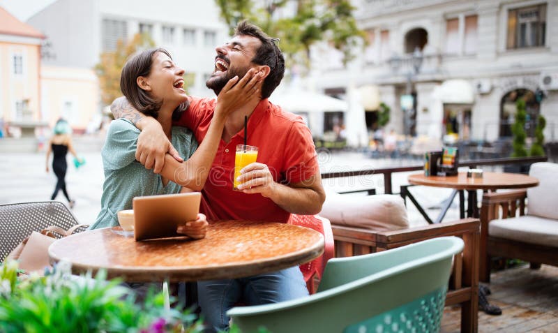 Happy Couple Drinking Coffee in Outdoors Cafe on Summer Vacation Stock ...