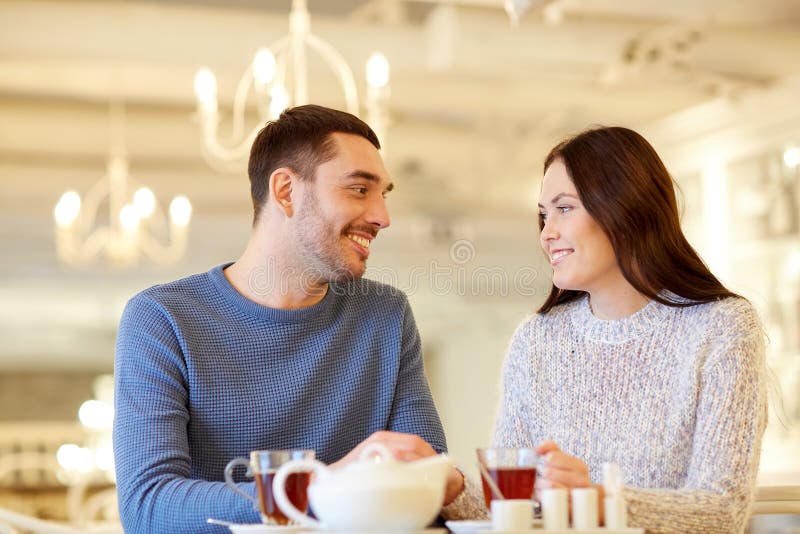 Happy Couple Drinking Tea At Cafe Stock Image Image Of Happy Drink