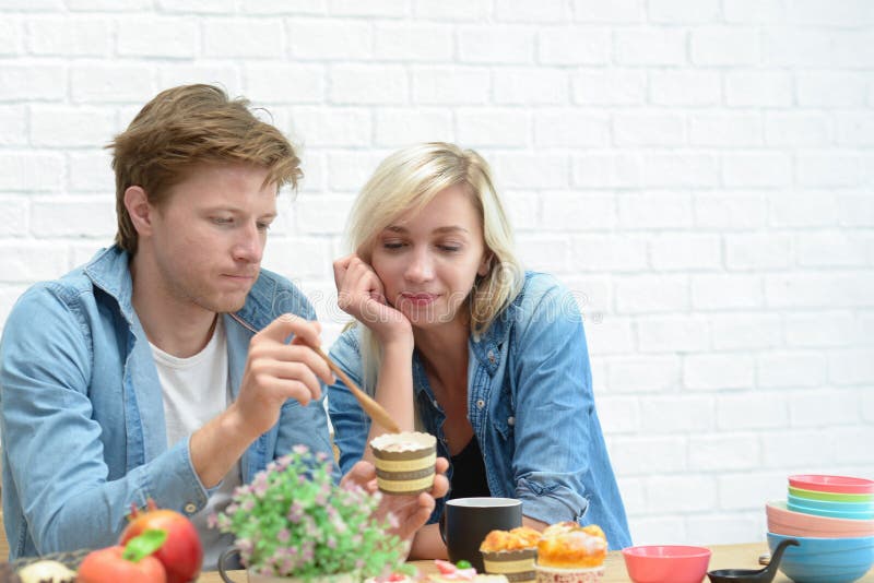 Happy Couple Eating Coffee Break and Dessert Stock Photo - Image of ...