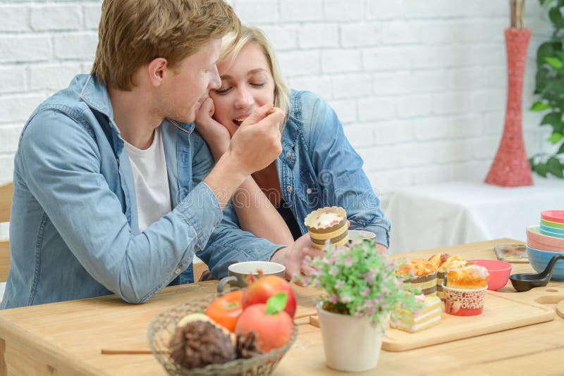 Happy Couple Eating Coffee Break and Dessert Stock Image - Image of ...