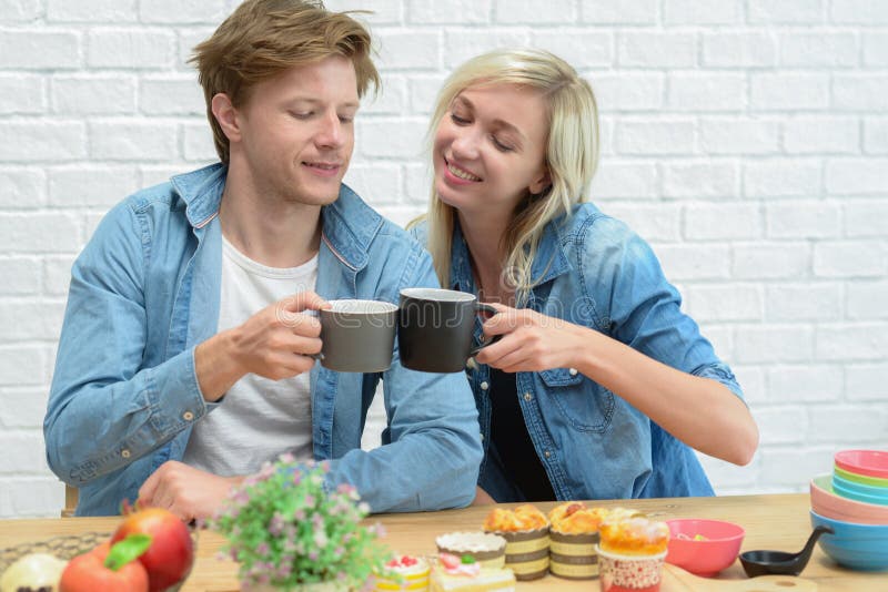 Happy Couple Eating Coffee Break and Dessert Stock Image - Image of ...