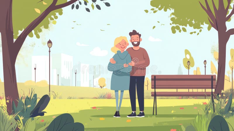 Happy Couple Embracing in a Sunny Park Setting Together Stock ...