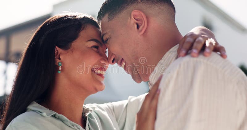 Couple Forehead Touch And Beach With Happiness And Travel Love And
