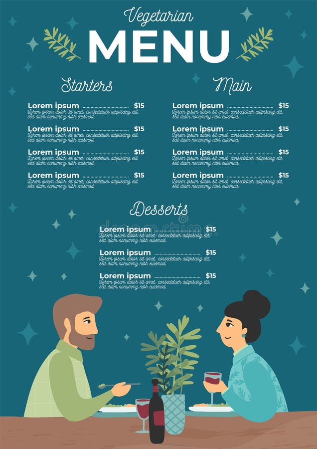 Happy Couple Have a Dinner in a Restaurant, Menu Stock Vector ...