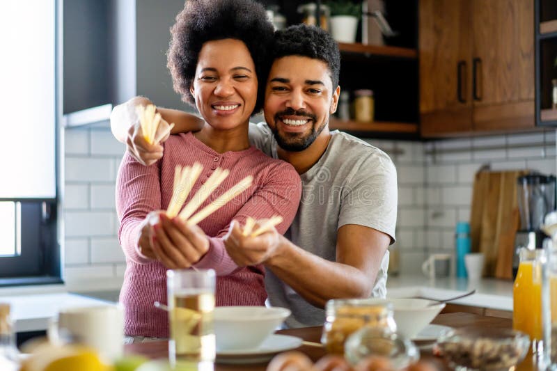 Happy Couple Having Breakfast Together in the Kitchen Stock Image ...