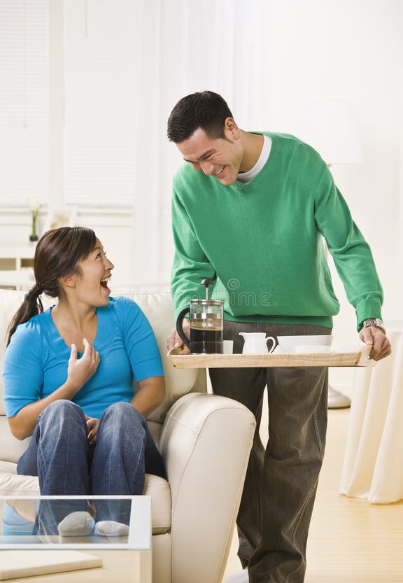 Happy Couple Having Coffee at Home Stock Image - Image of people ...