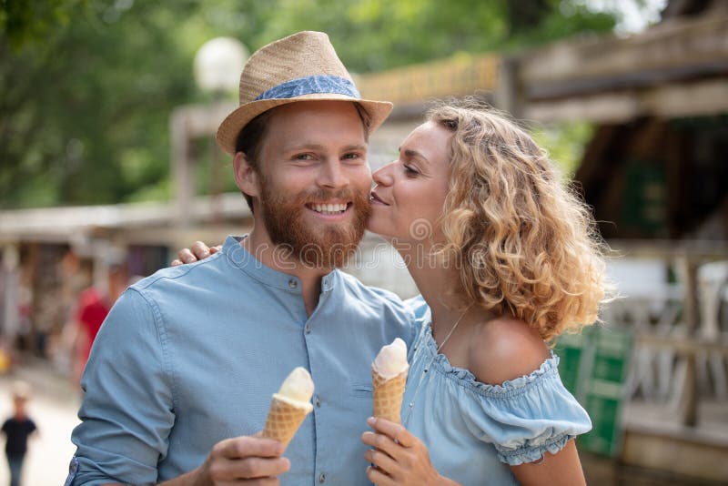 Happy Couple Having Date and Eating Ice Cream Stock Photo - Image of ...