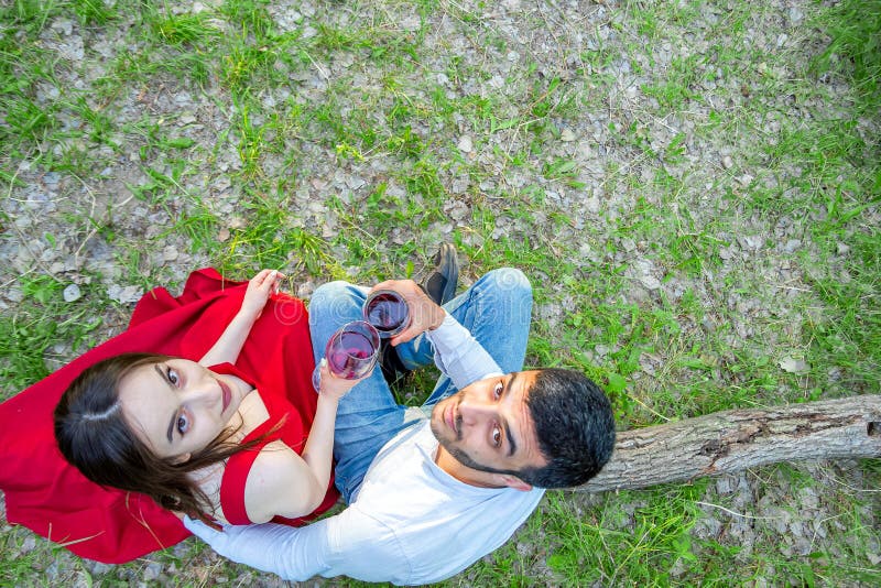Happy Couple Having Fun in the Park, Couple Drinking Red Wine in the ...