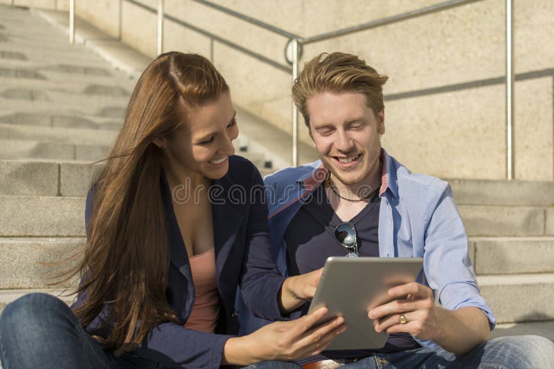 Happy Couple Having Fun with Tablet PC Stock Photo - Image of smiling ...