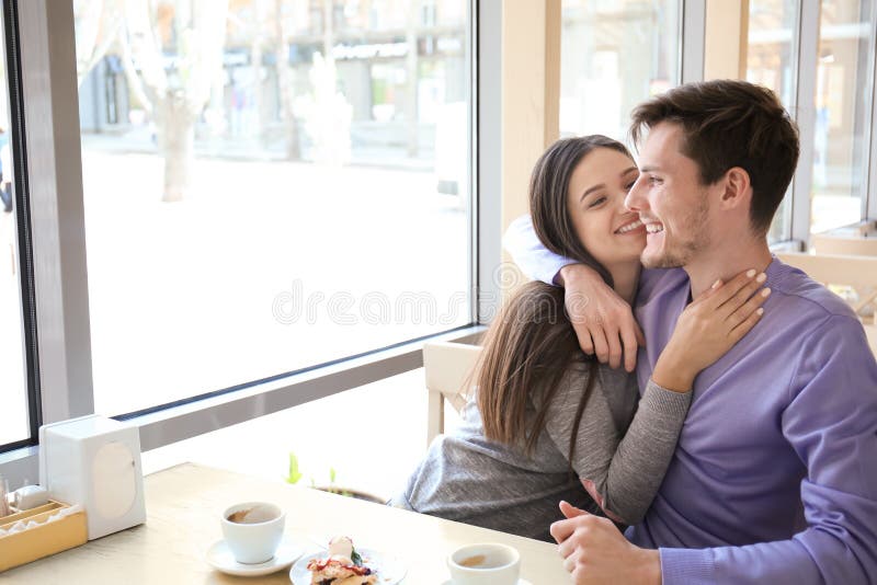 Happy Couple Having Romantic Date in Cafe Stock Image - Image of coffee ...