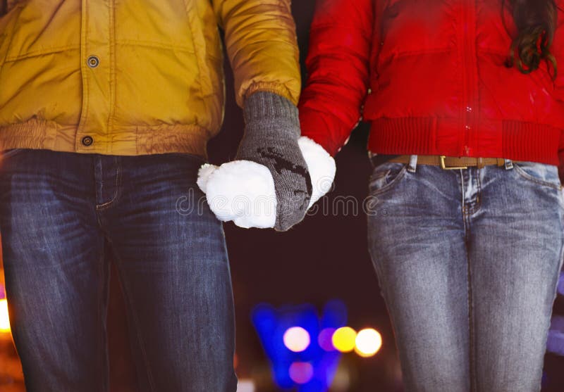 Happy Couple Holding Hands in Knitted Mittens Stock Image - Image of ...