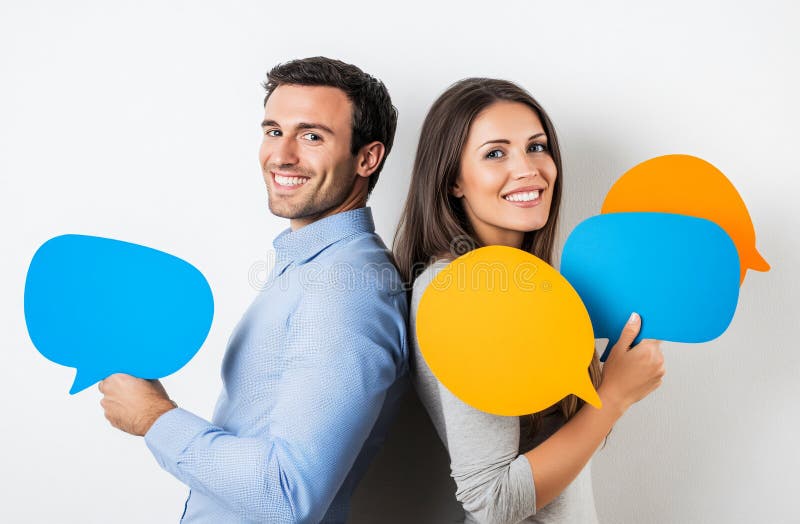 Happy Couple Holding Speech Bubbles Communication High Quality Image ...
