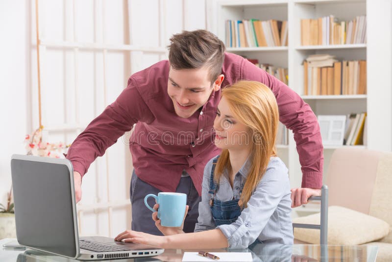 Happy Couple at Home with Laptop Computer Stock Image - Image of coffee ...
