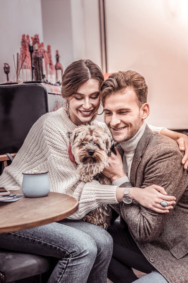 Happy Couple Hugging the Dog and Each Other Stock Photo - Image of ...