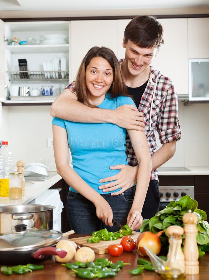 Happy Couple Hugging in the Kitchen Stock Image - Image of prelude ...