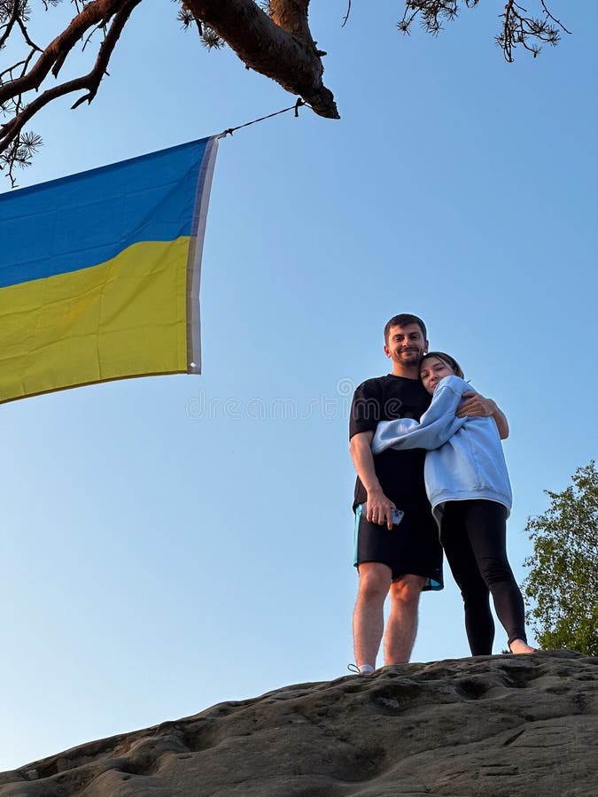 Happy Couple Hugging Under Ukrainian Flag Stock Photo - Image of travel ...