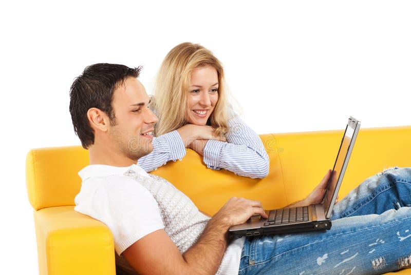 Happy Couple with Laptop Computer Stock Photo - Image of casual, couple ...