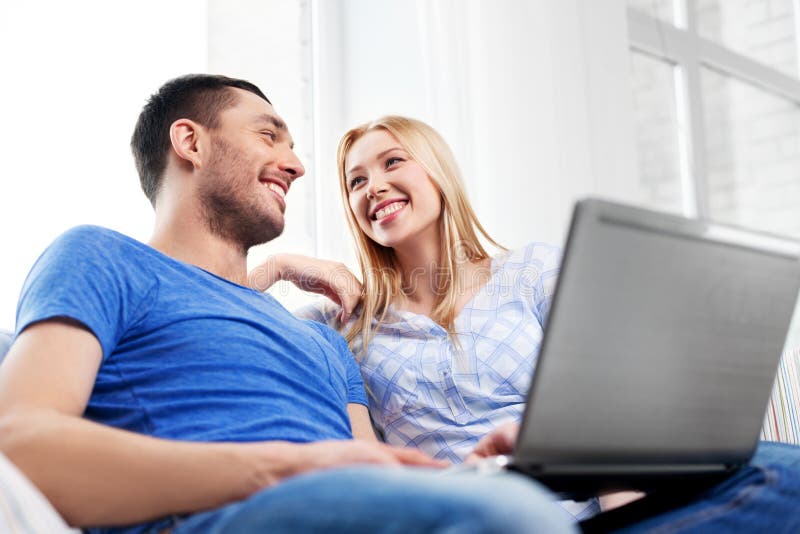 Happy Couple With Laptop Computer At Home Stock Photo - Image of ...