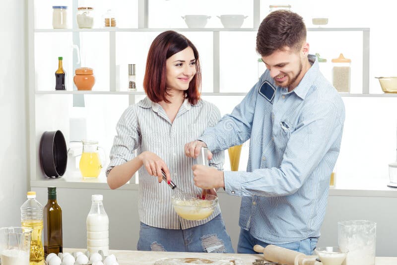 Happy Couple In Love Cooking Dough In Kitchen Stock Photo - Image of ...