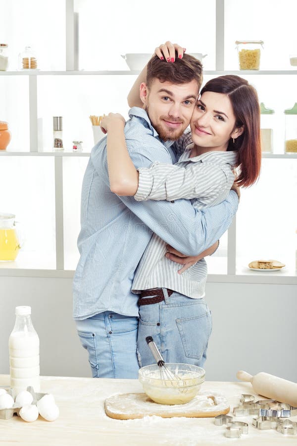 Happy Couple in Love Cooking Dough in Kitchen Stock Photo - Image of ...